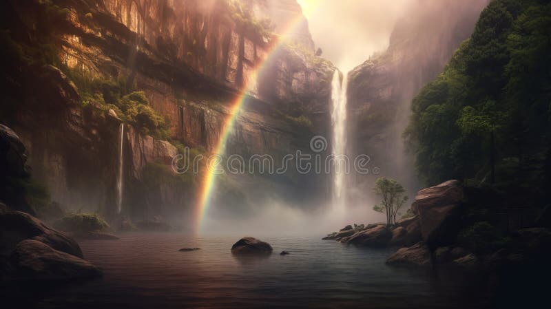 A Beautiful Rainbow Over a Waterfall. Generative AI Stock Illustration ...