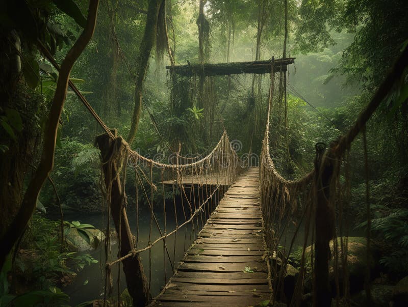 Beautiful Rainforest and Rope Bridge in Thailand. Stock Illustration ...