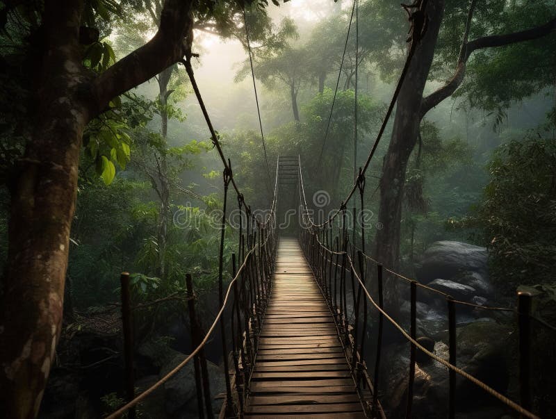 Beautiful Rainforest and Rope Bridge in Thailand. Stock Illustration ...