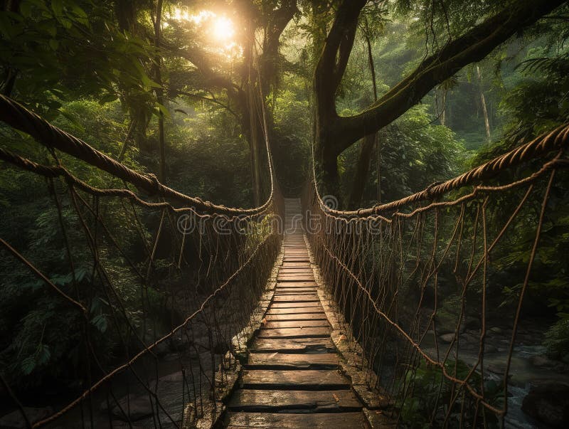 Beautiful Rainforest and Rope Bridge in Thailand. Stock Illustration ...