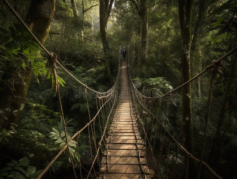 Beautiful Rainforest and Rope Bridge in Thailand. Stock Illustration ...