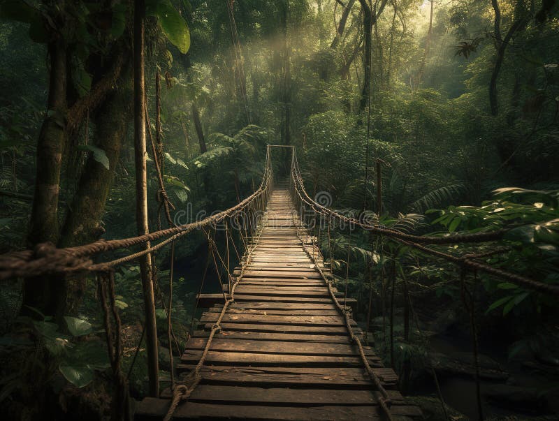 Beautiful Rainforest and Rope Bridge in Thailand. Stock Illustration ...