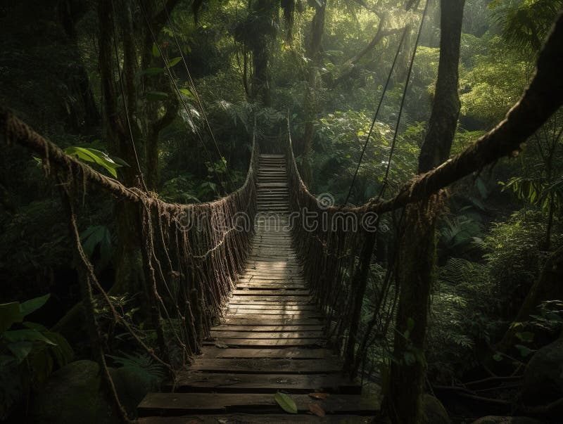 Beautiful Rainforest and Rope Bridge in Thailand. Stock Illustration ...