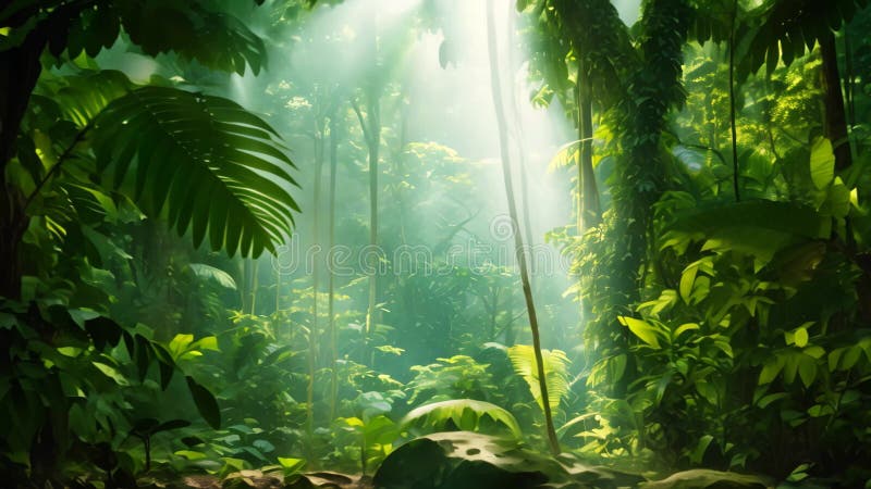 Beautiful Rainforest with Sunlight Shining through the Trees and Stream ...
