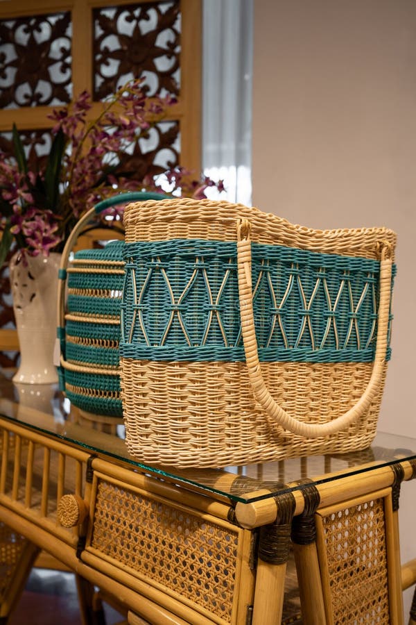 Beautiful Rattan Handbag on a Rattan Table with Glass Top Editorial ...