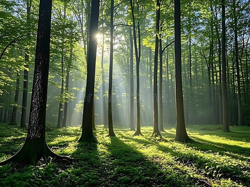 Beautiful Rays of Sunlight in a Green Forest Stock Illustration ...