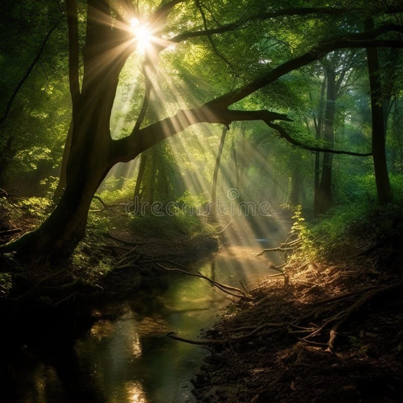 Beautiful Rays of Sunlight in a Green Forest Stock Illustration ...