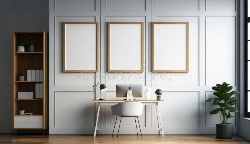 Three Vertical White Blank Frames Hanging on Wall. Modern Wooden Office ...