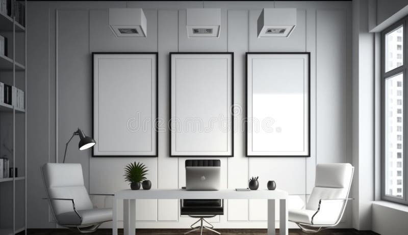 Three Vertical White Blank Frames Hanging on Wall. Modern Wooden Office ...