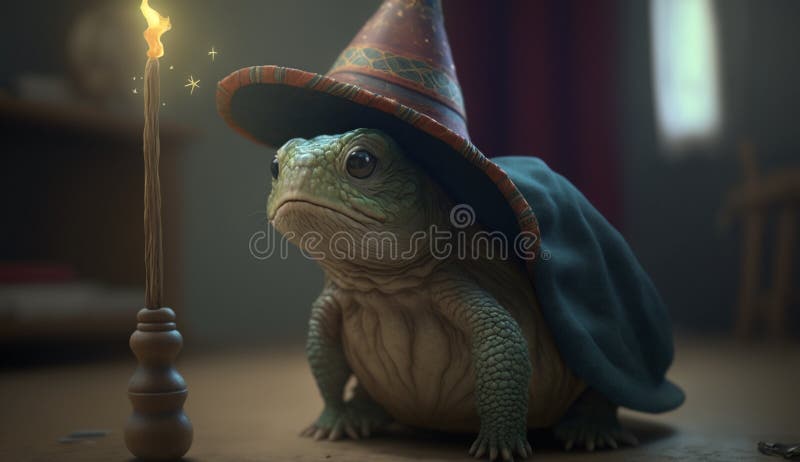 Turtle Wearing a Wizard Hat and Casting a Spell with Its Wand ...