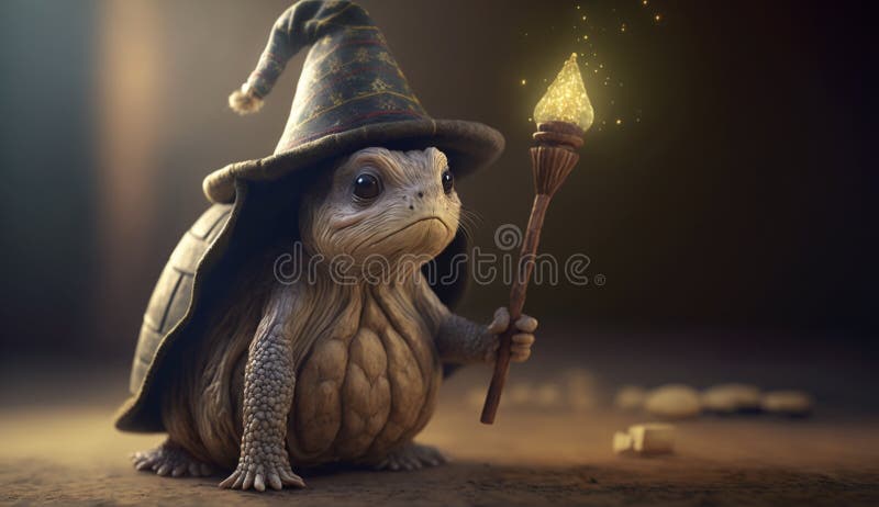 Turtle Wearing a Wizard Hat and Casting a Spell with Its Wand ...