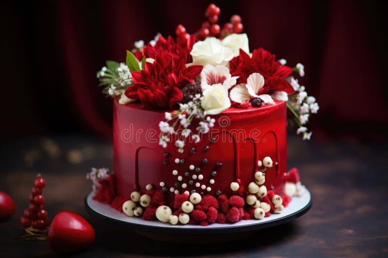 Beautiful Red Cake Decorated with Flowers Stock Illustration ...
