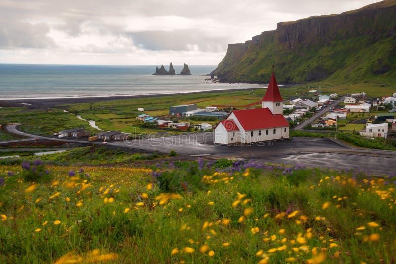 Beautiful Red Church on a Mountain at Vik ,Iceland. Stock Photo - Image ...