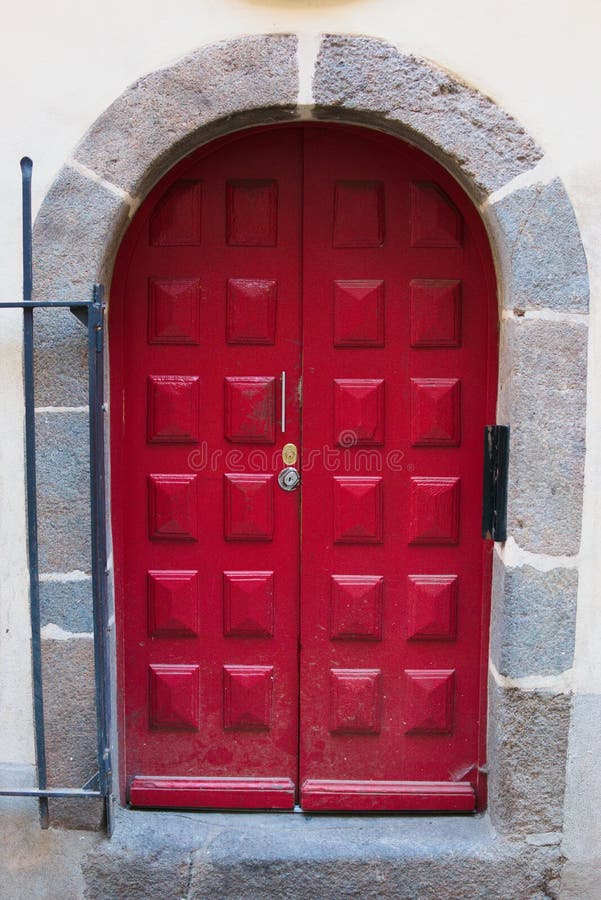 Beautiful Red Door with Stone Entryway Steel Gate Stock Photo - Image ...