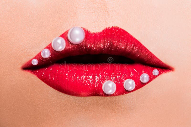 Beautiful Red Female Lips with Pearls Stock Image - Image of glossy ...