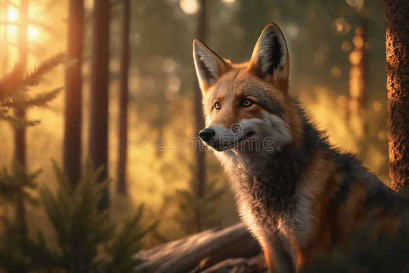 Red Fox in Forest at Sunset. Stock Illustration - Illustration of ...