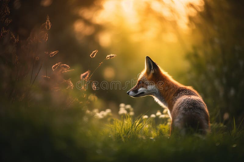 Beautiful Red Fox, Vulpes Vulpes, with Fluffy Tail Standing and Looking ...
