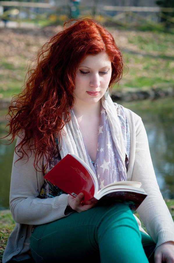 Beautiful Red Head Young Woman Reading Book Stock Image - Image of lake ...