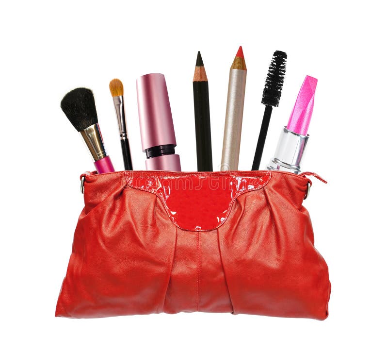 Beautiful Red Makeup Bag and Cosmetics Stock Photo - Image of ...