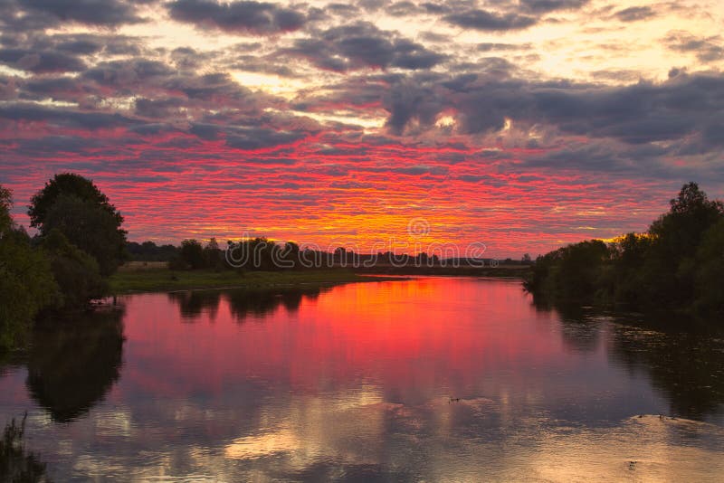 Beautiful Red Pink Dawn by the River Stock Photo - Image of algae ...