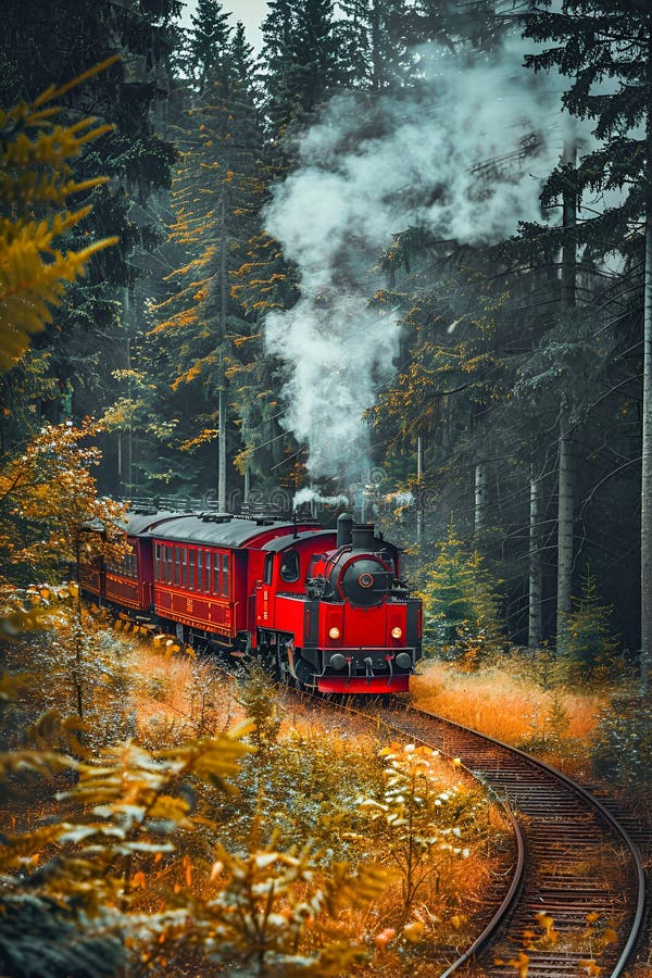 Beautiful Red Retro Train in a Forest Stock Photo - Image of railroad ...