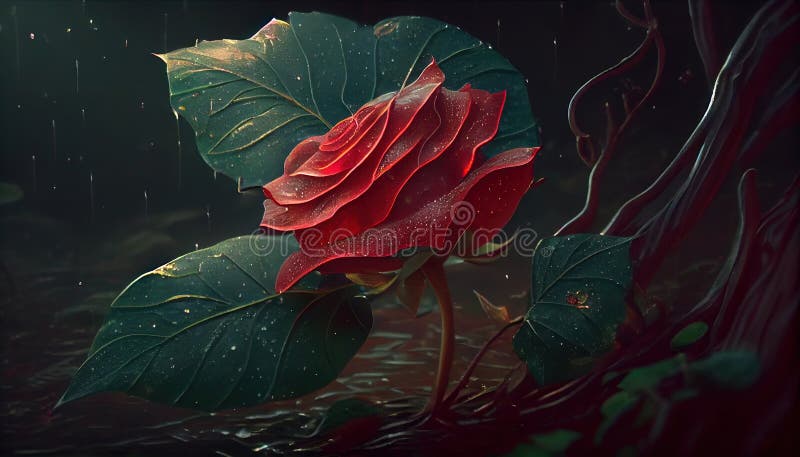 Beautiful Red Rose in Rain Floral Art Background AI Generative Stock ...