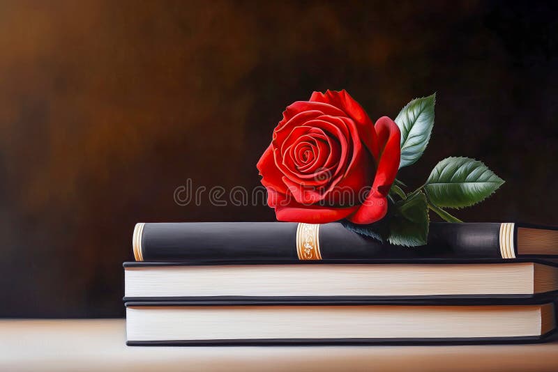 A Beautiful Red Rose, on a Table, Next To a Stack of Books, Stock ...