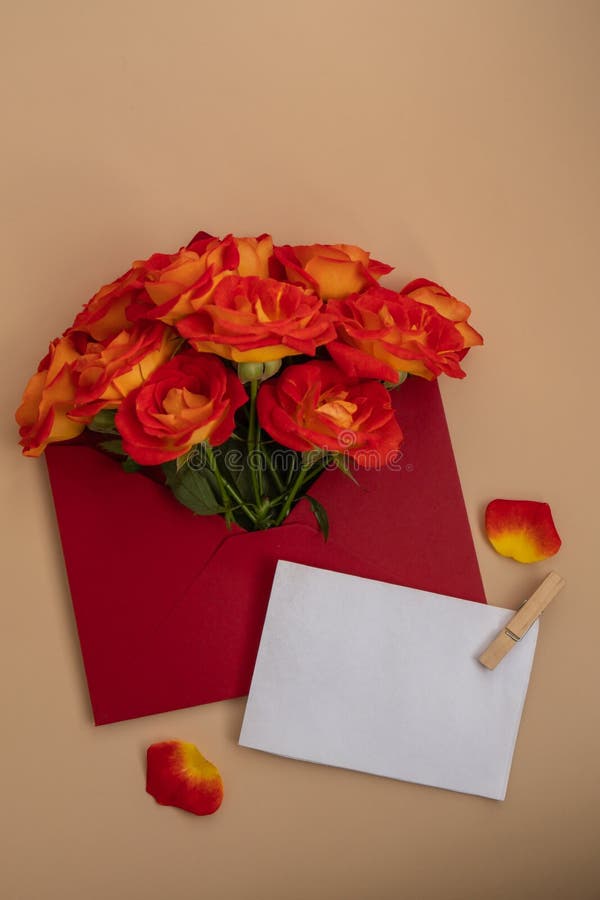Beautiful Red Roses Flowers in Postal Red Envelope on Neutral Beige ...