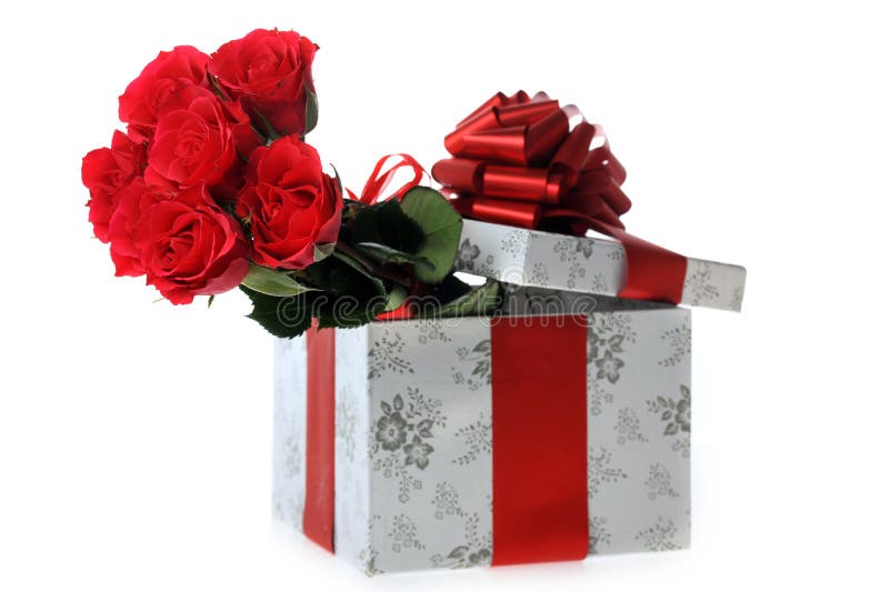 Beautiful Red Roses and Present Stock Photo - Image of love, package ...