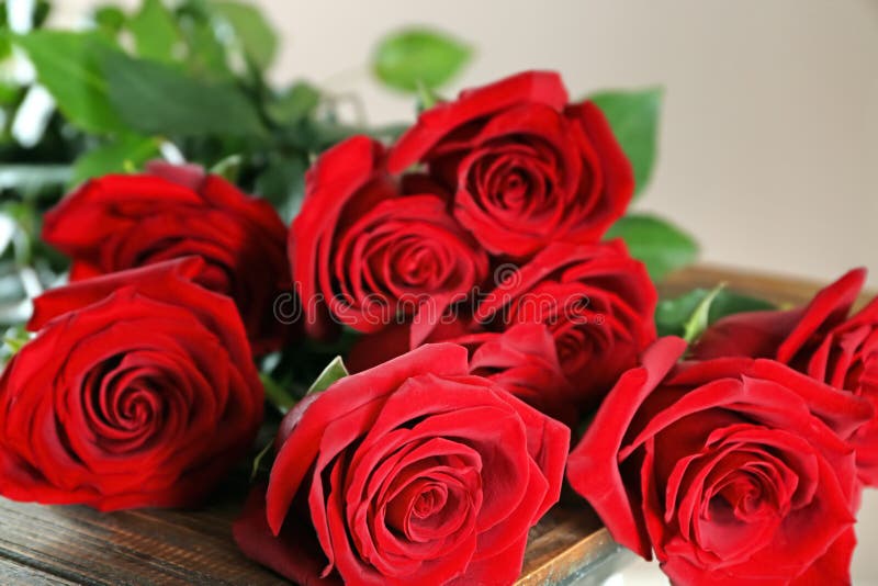 Beautiful Red Roses on Table, Closeup Stock Photo - Image of festive ...