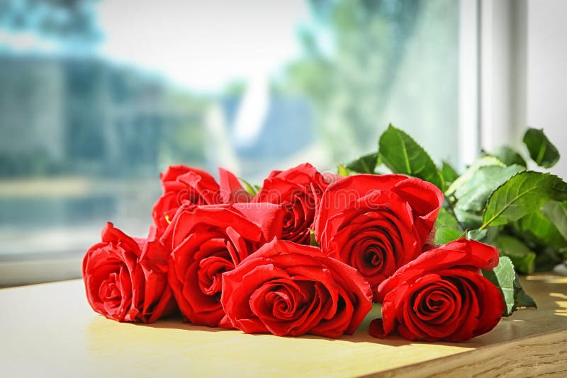 Beautiful Red Roses on Windowsill Stock Photo - Image of bloom, festive ...