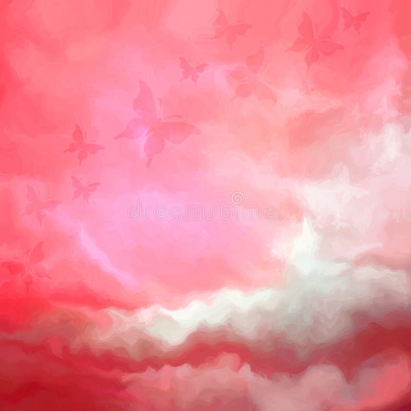Beautiful Red Sky Drawing with Butterflies Stock Illustration ...