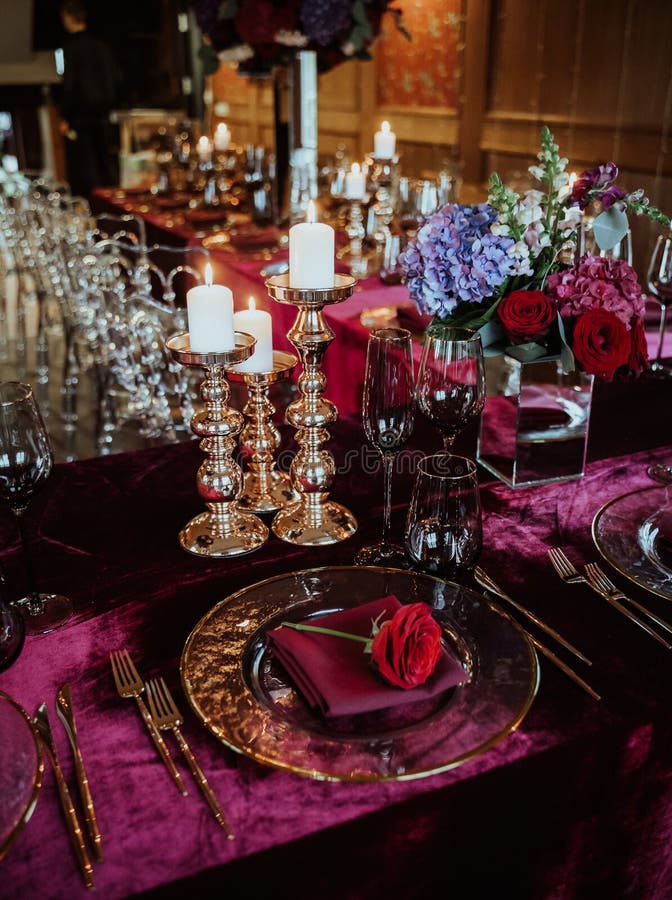 Beautiful Red Table Setting with Luxurious Tableware, Candles and ...
