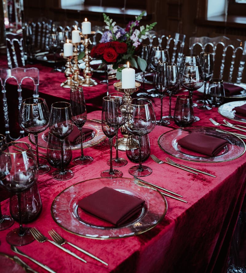 Beautiful Red Table Setting with Luxurious Tableware, Candles and ...