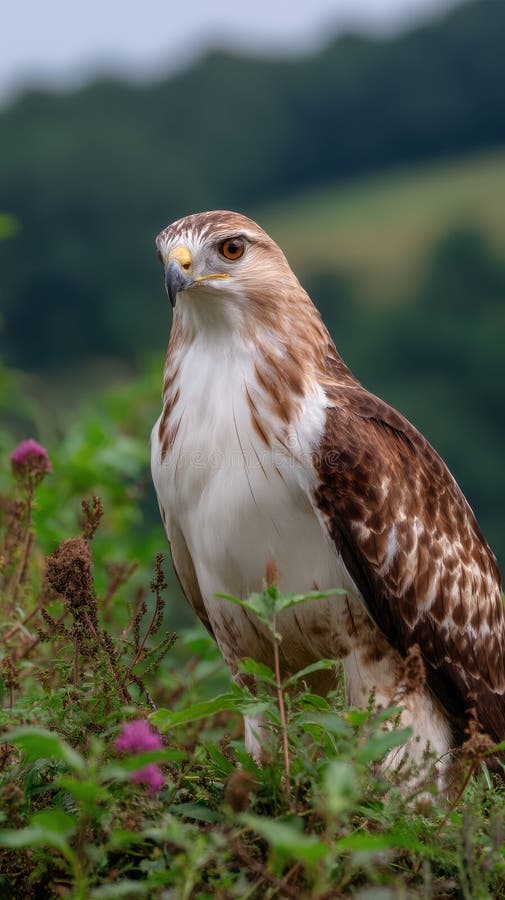 Beautiful Red-tailed Hawk Perched in Lush Greenery Against a Softly ...