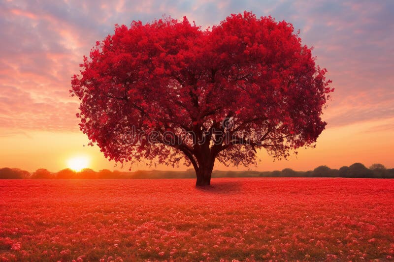 Beautiful Red Tree in the Meadow at Sunset, Nature Composition Stock ...