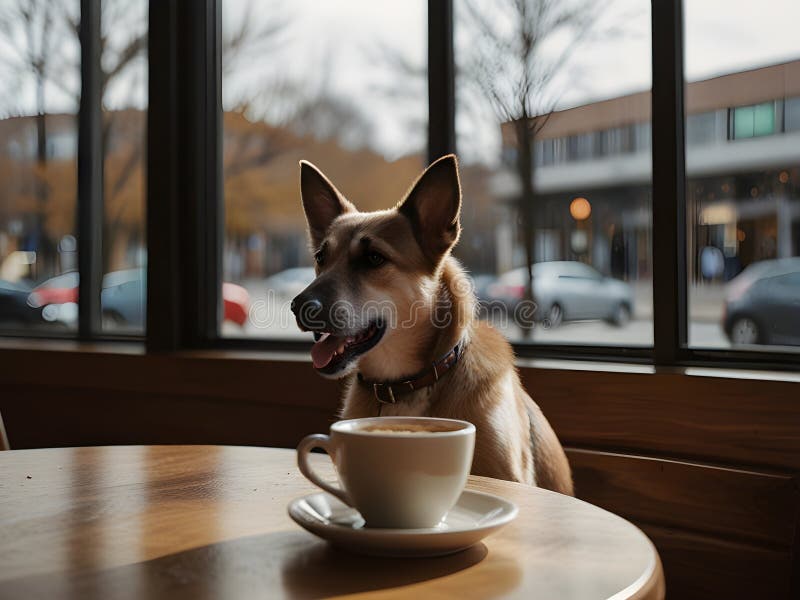 Beautiful Red and White Dog in Cafe Drinking Coffee by the Big Window ...