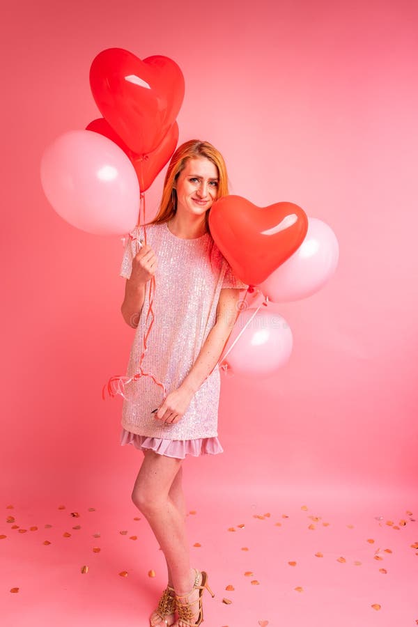 Beautiful Redhead Girl With Red Heart Baloon Posing Happy Valentine`s