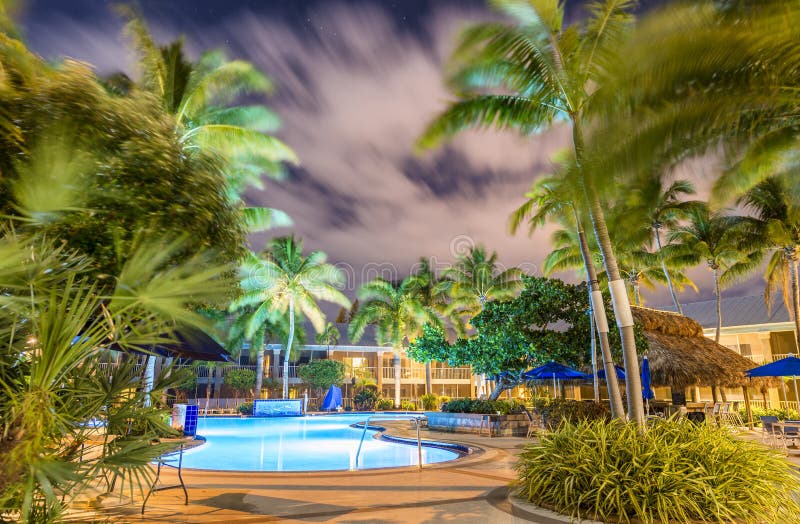 Beautiful Relax Area with Palms and Pool at Sunset. Holiday Concept ...