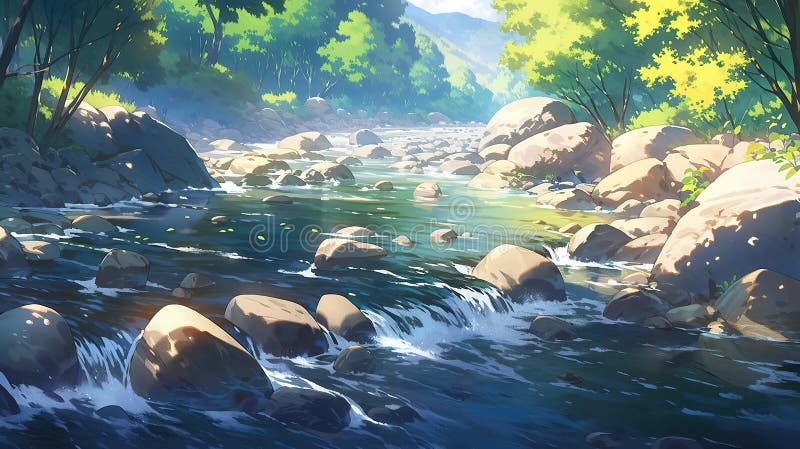 Beautiful Relaxing Peaceful Anime Wallpaper Showing a River Flows ...