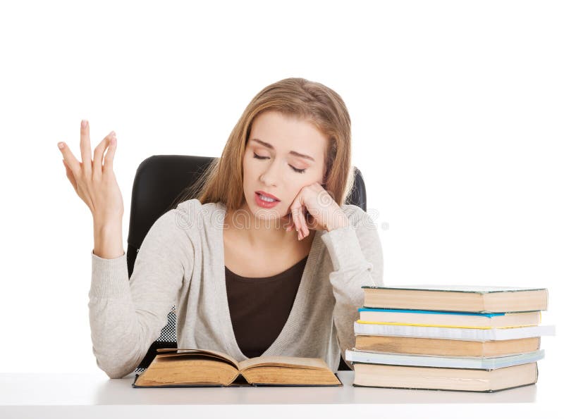 Beautiful Resigned Student Woman with Stack of Books. Stock Image ...