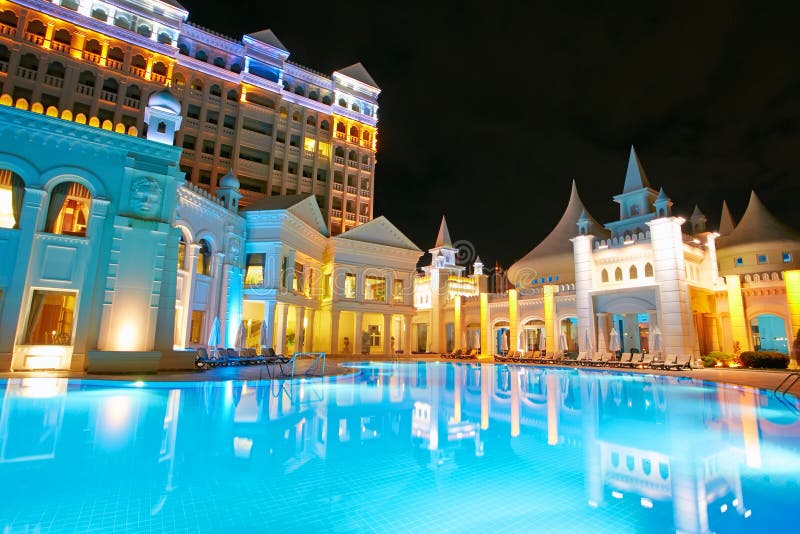 Beautiful Resort Pool at Night Stock Image - Image of hotel, mansion ...