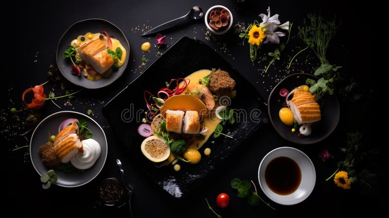 Beautiful Restaurant Food on a Black Background. Generative AI, Stock ...