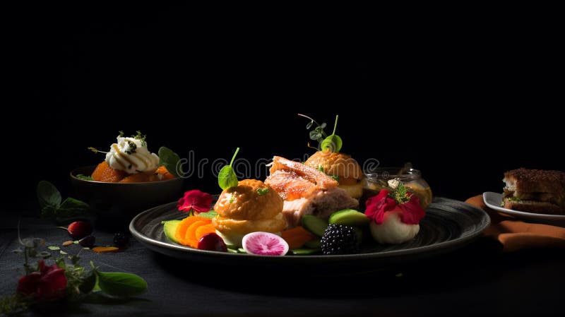 Beautiful Restaurant Food on a Black Background. Generative AI, Stock ...