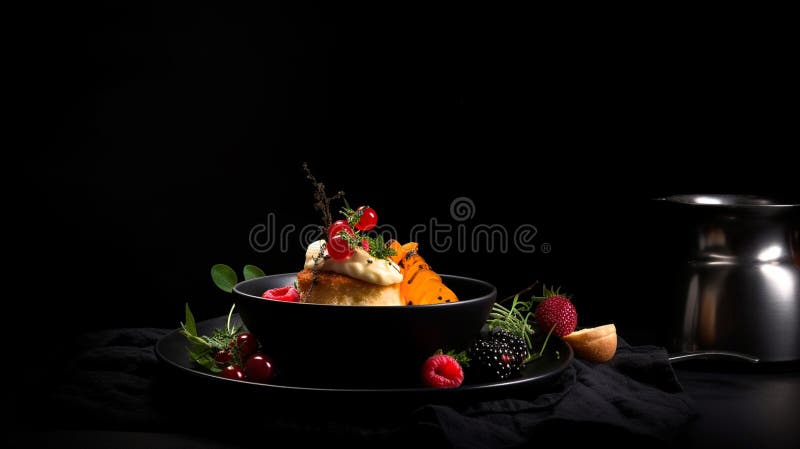 Beautiful Restaurant Food on a Black Background. Generative AI, Stock ...