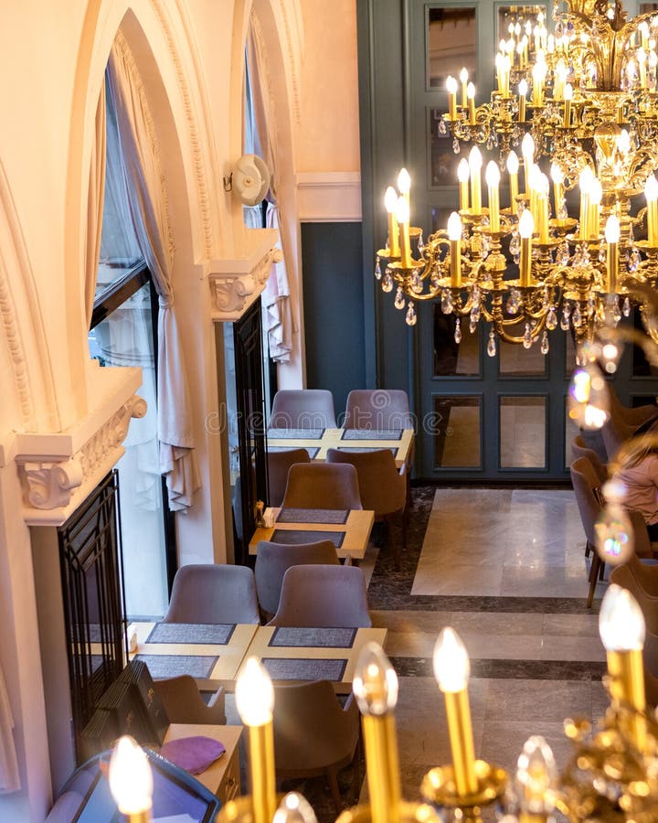 Beautiful Restaurant Interior, Big Chandelier Editorial Photo - Image ...