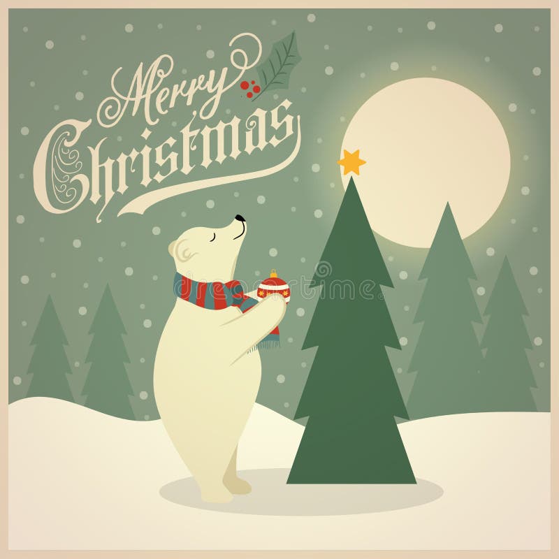 Beautiful Retro Christmas Card With Polar Bear And Christmas Tree Stock
