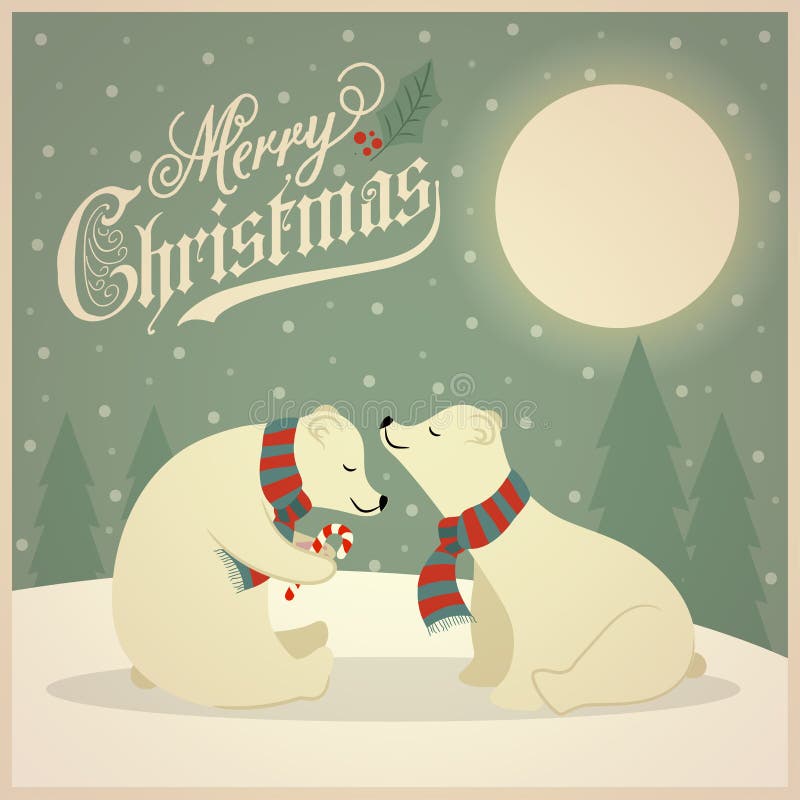 Retro Christmas Card With Polar Bear Elf And Snowman That Adorn Stock