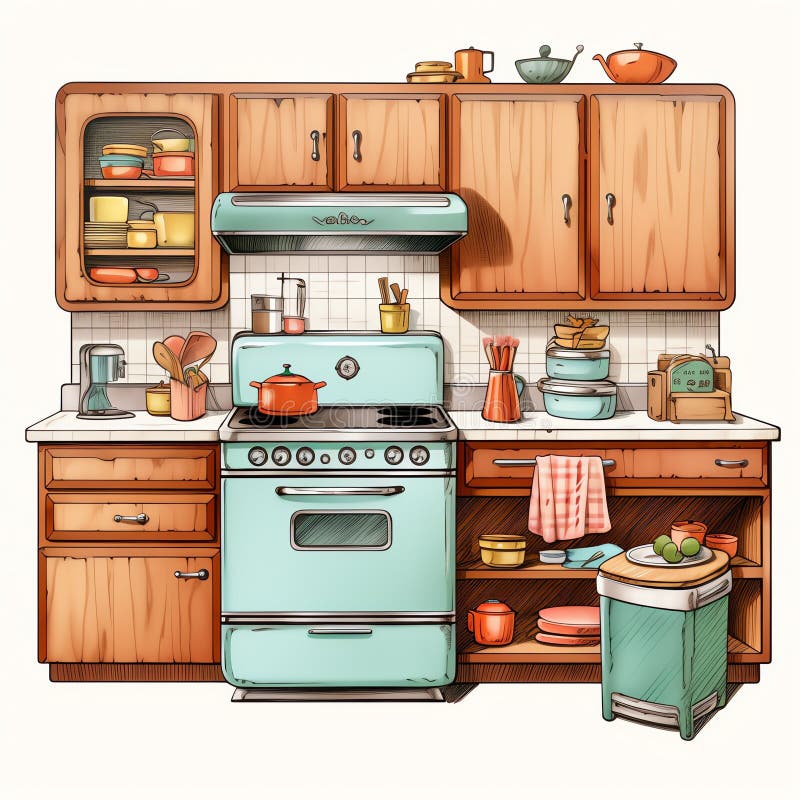 Beautiful Retro Kitchen Clipart Illustration Stock Illustration ...
