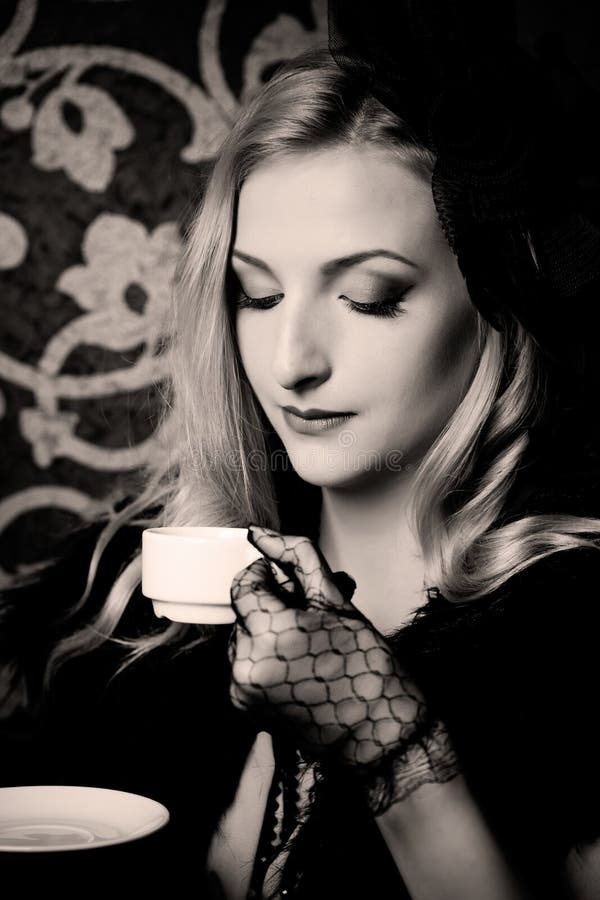 Beautiful retro woman stock image. Image of coffee, beautiful - 41597989